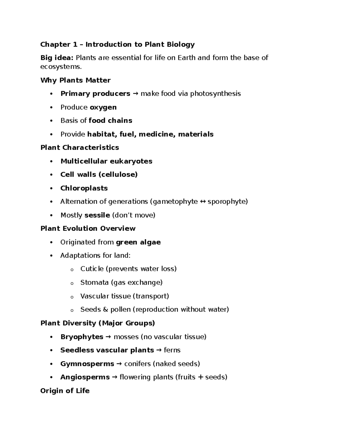 Ch1-7 Plant Biology Notes: Key Concepts & Midterm Facts - Studocu