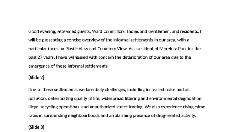 Speech on Informal Settlements: Challenges in Plastic View & Cemetery ...