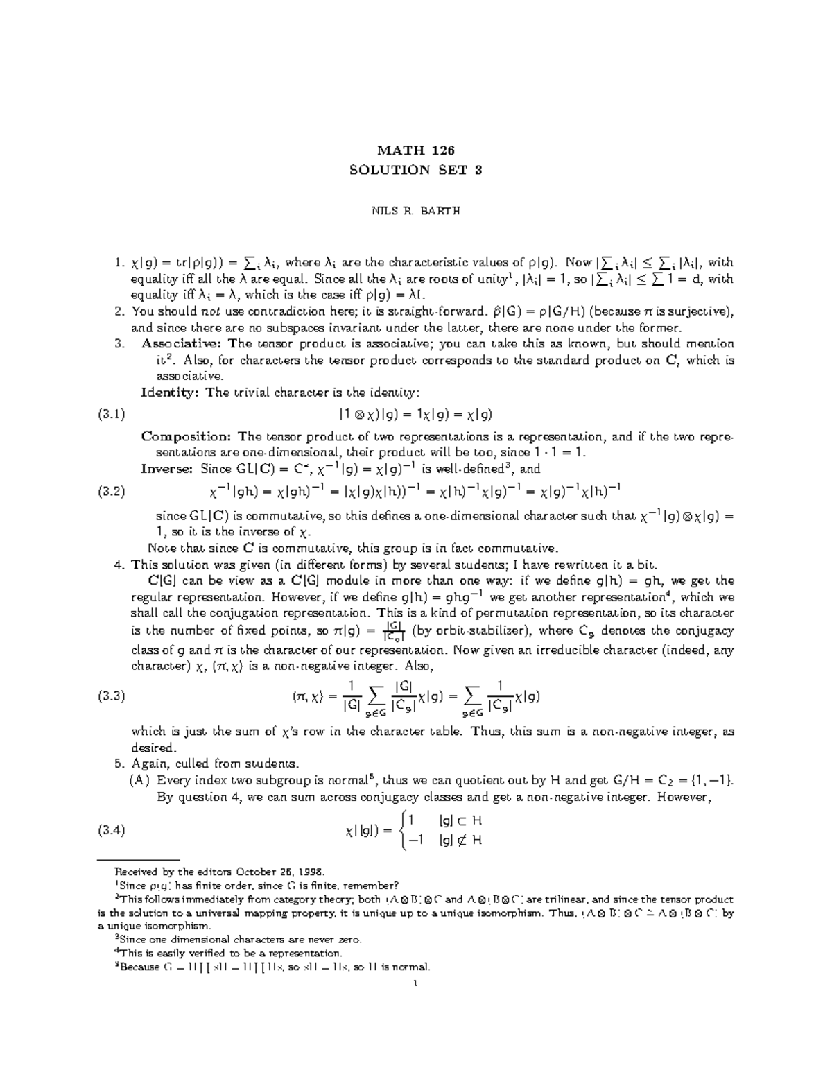MATH 126 Solution Set 3: Character Theory and Representations - Studocu