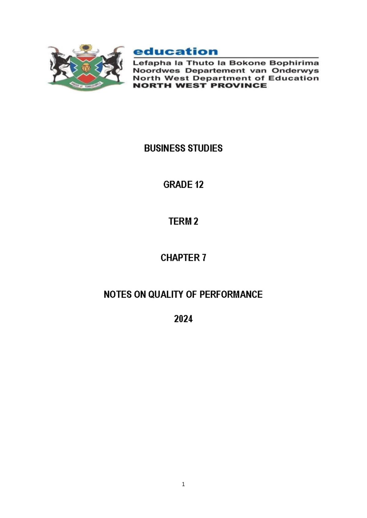 Quality Performance Notes - Grade 12 Business Studies Term 2 2024 - Studocu
