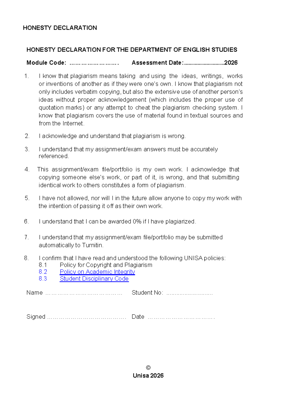 HONESTY DECLARATION FOR ENGLISH STUDIES (2026) - Studocu