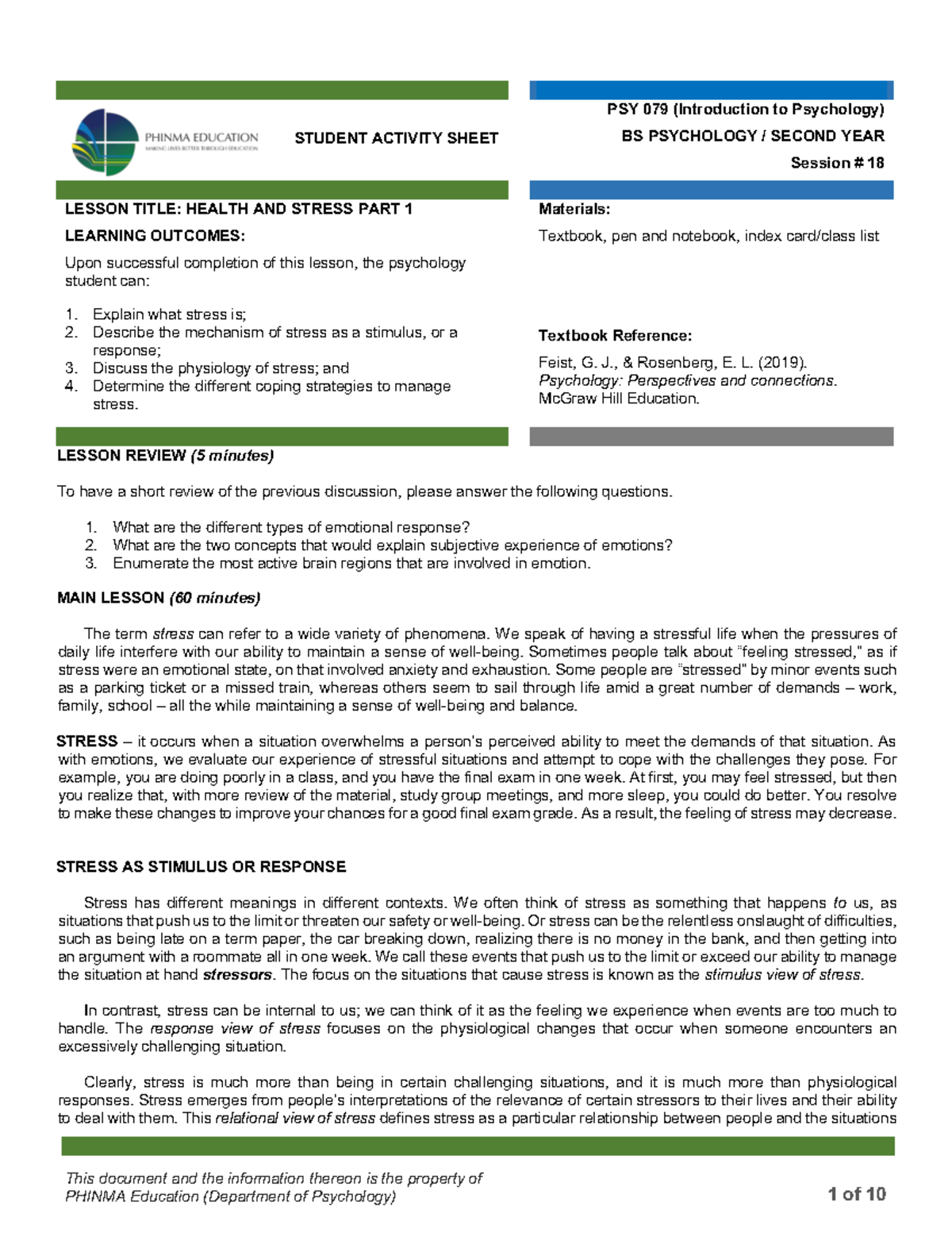 PSY 079 Health and Stress: Lesson 18 Activity Sheet for Psychology ...