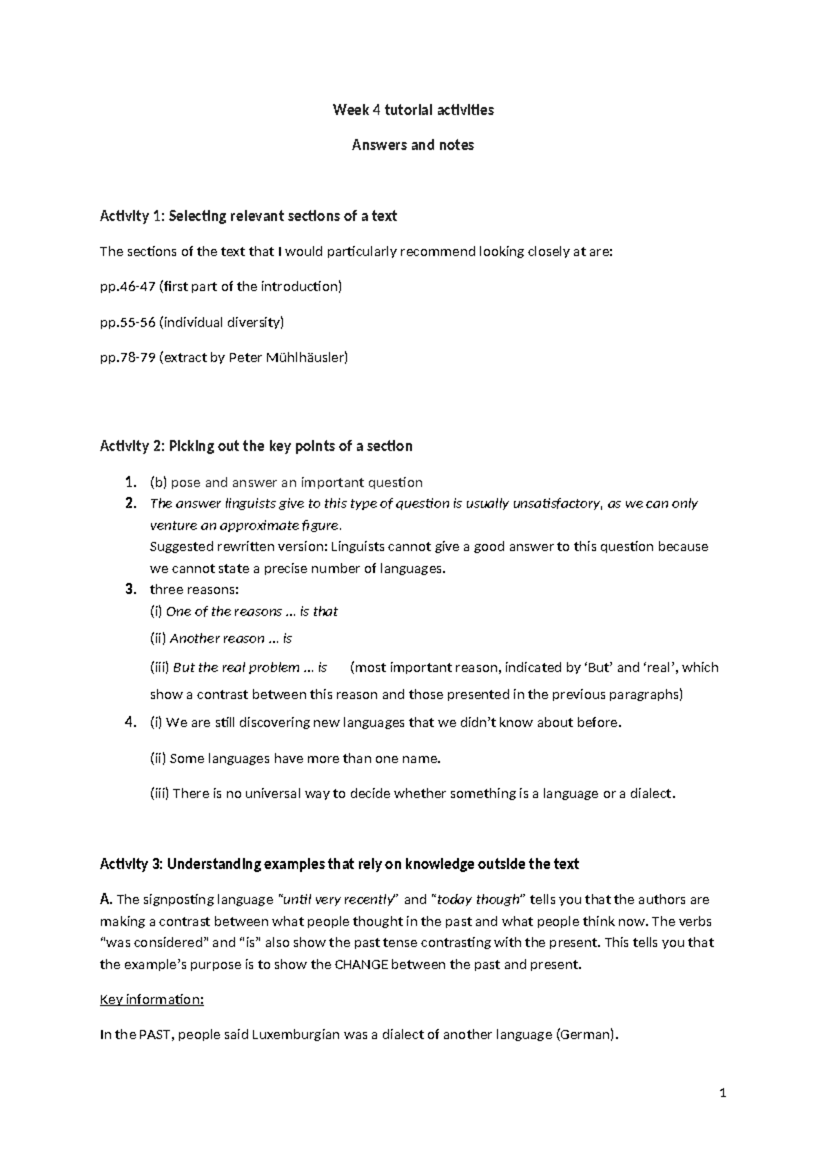 Week 4 tutorial activities - answers - Week 4 tutorial activities ...