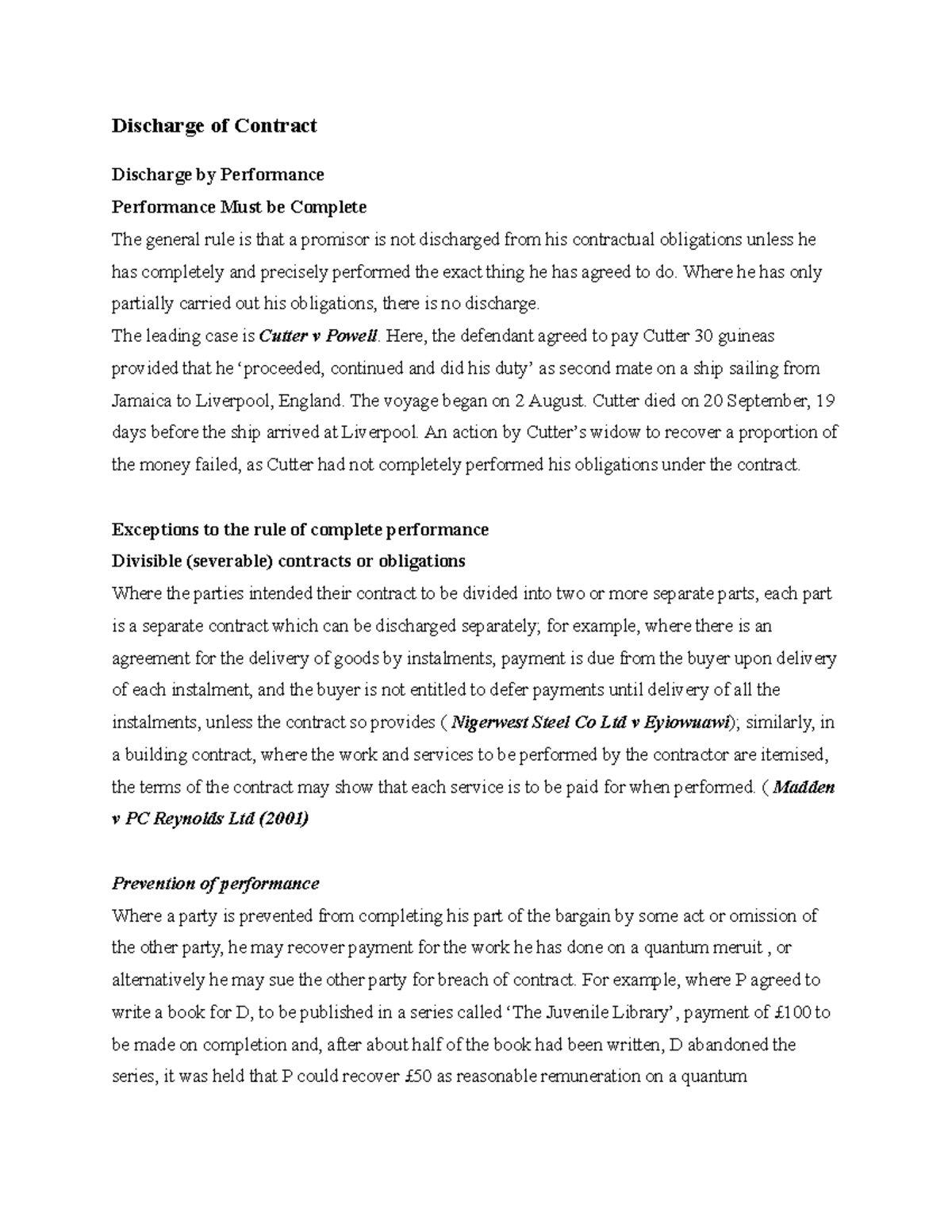 Discharge of Contract: Key Principles and Case Law Notes - Studocu
