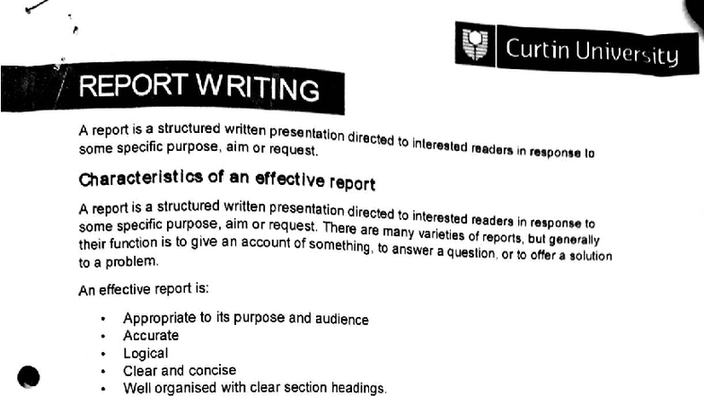 Curtin University REPORT WRITING Guide: Structure & Procedures - Studocu