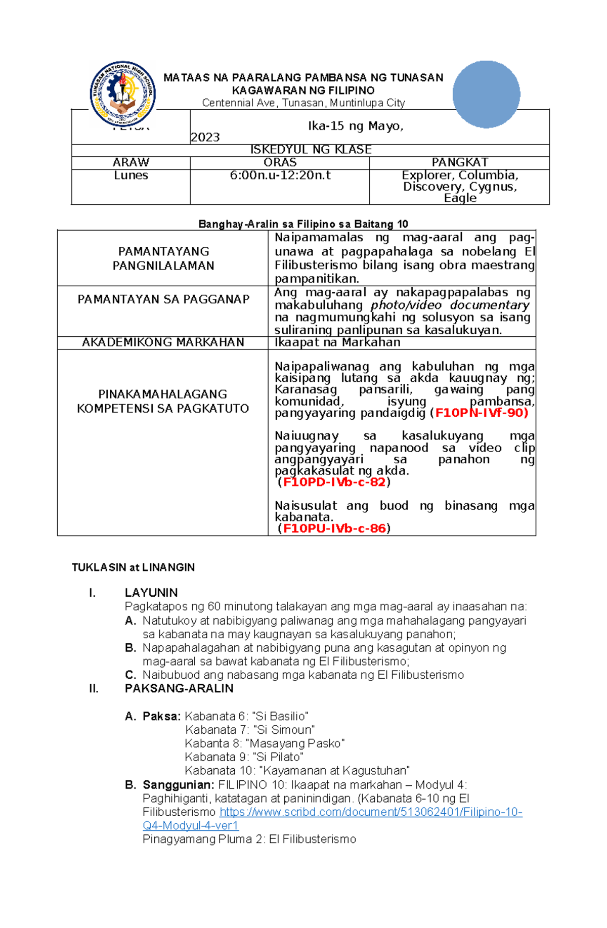 Banghay-Aralin sa Filipino 10: Kabanata 6-10 ng El Filibusterismo - Studocu