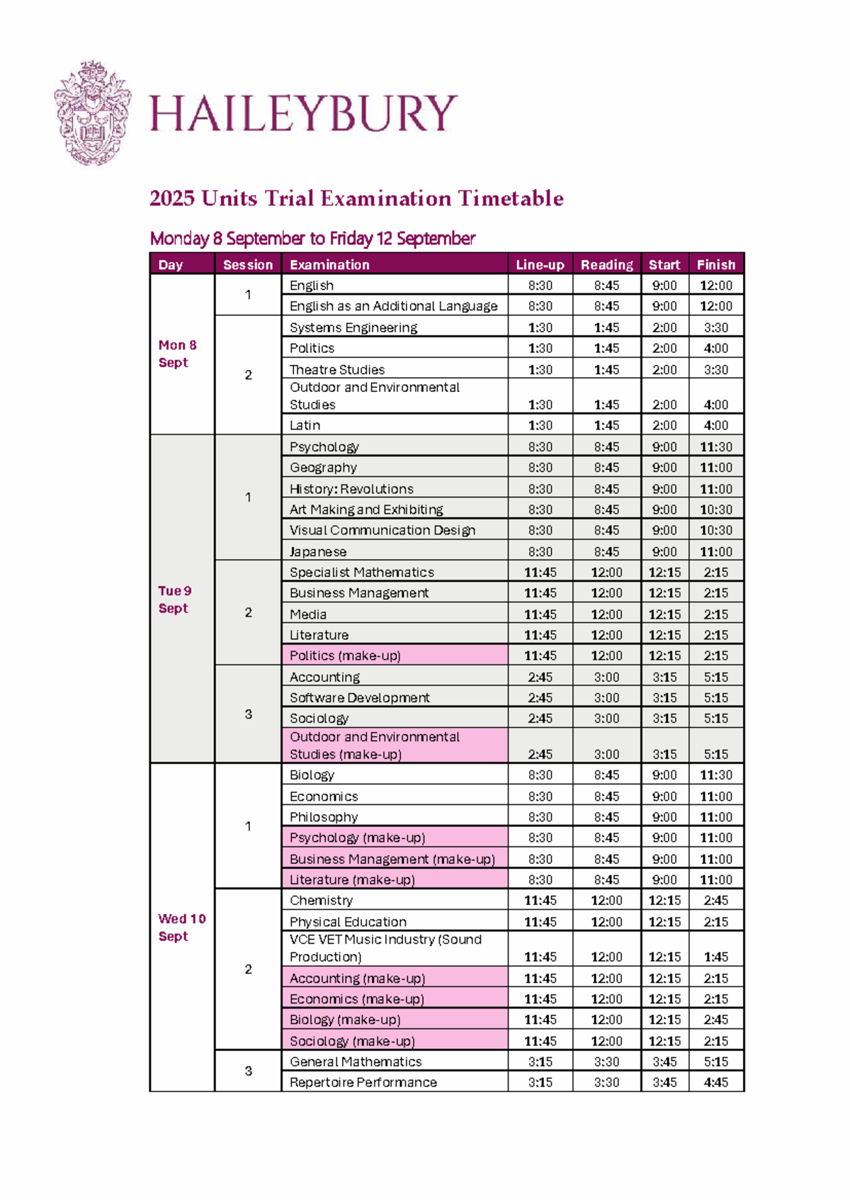 2025 Unit 3&4 Trial Exam Timetable: 8-12 September - Studocu