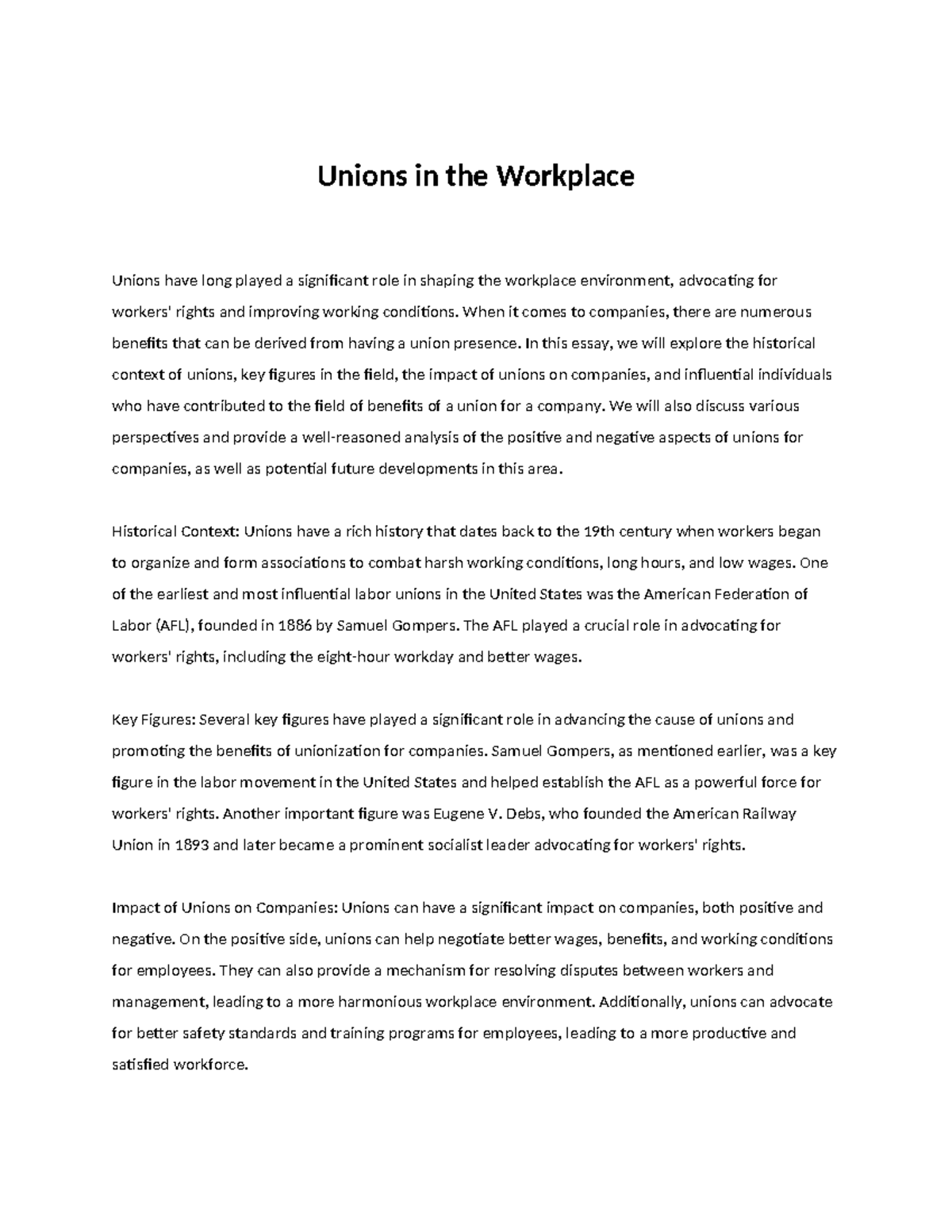 Essay 1: The Role of Unions in the Workplace and Their Impact - Studocu