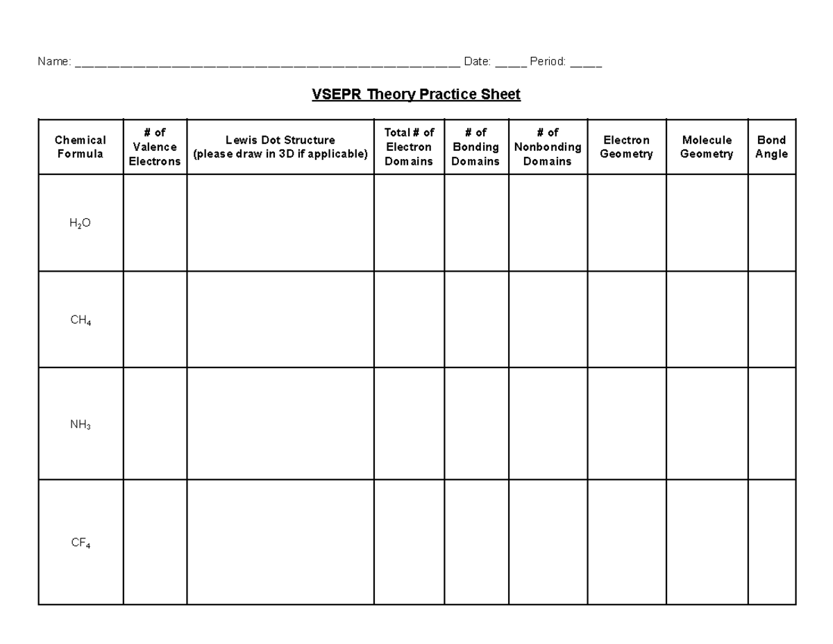 Vsepr Theory Practice Sheet - CHM 116 - Name: - Studocu