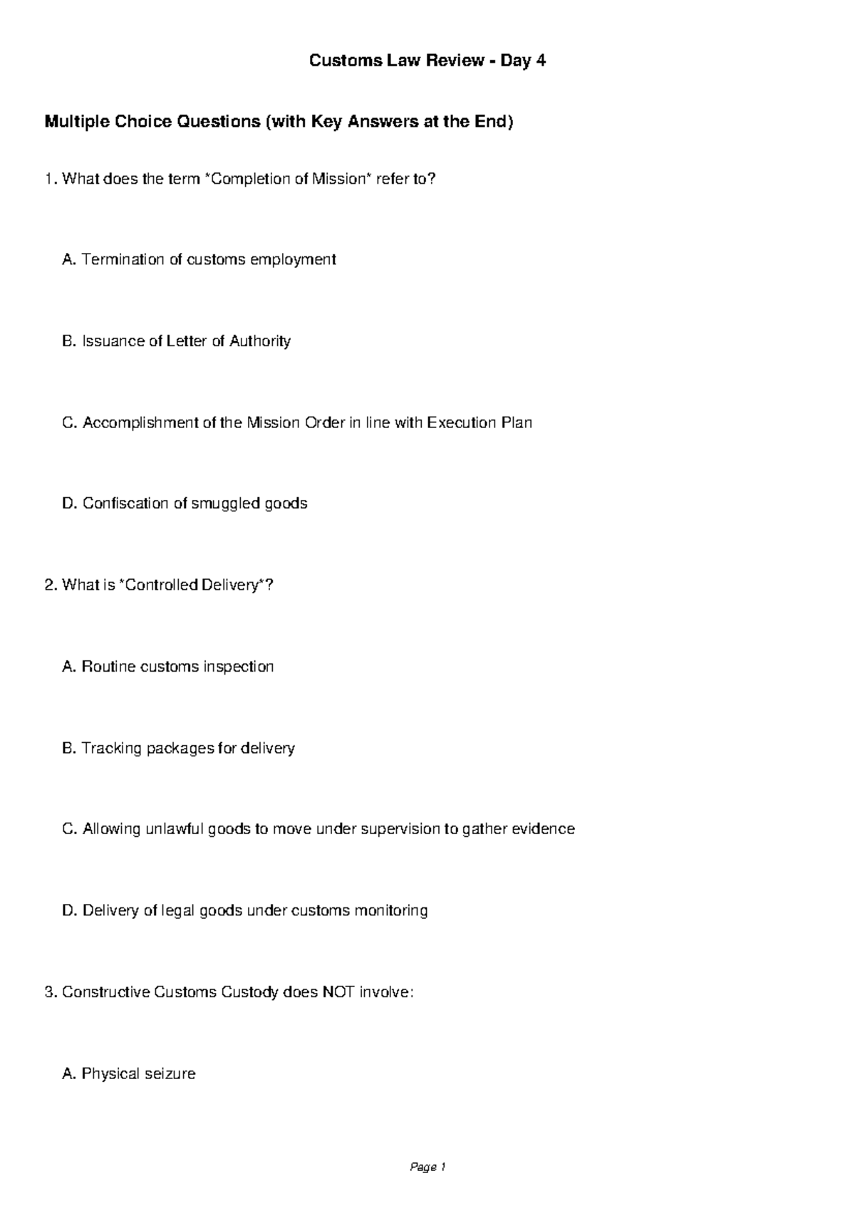 Customs Law Review Day 4: MCQs with Answer Key - Studocu