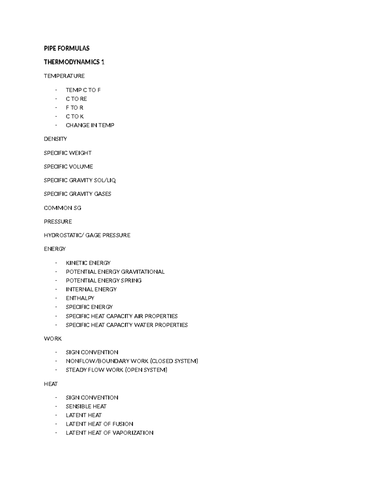 PIPE FORMULAS THERMODYNAMICS 1 & 2: Comprehensive Study Notes - Studocu
