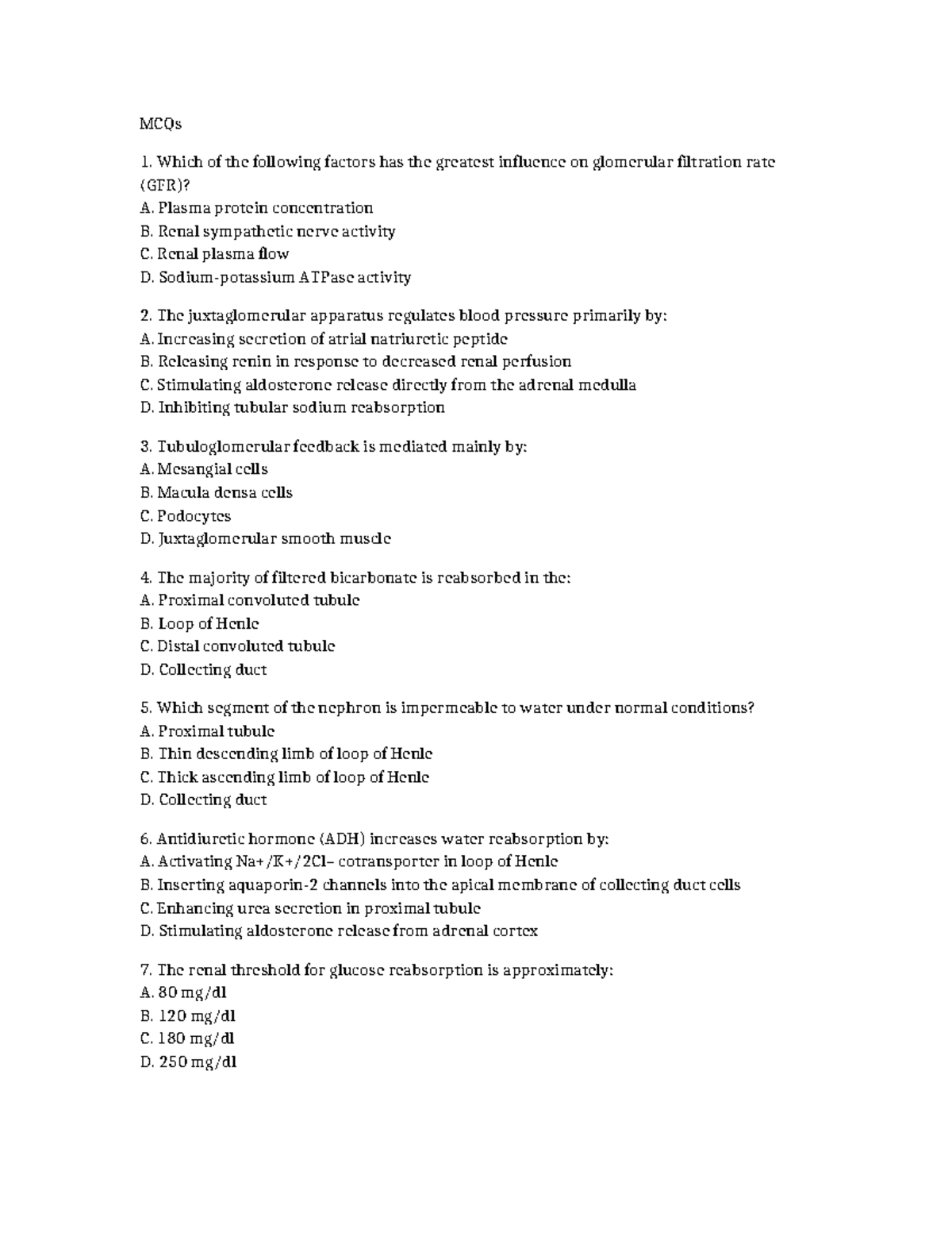Urinary System MCQs - Course Code: US101 - Studocu