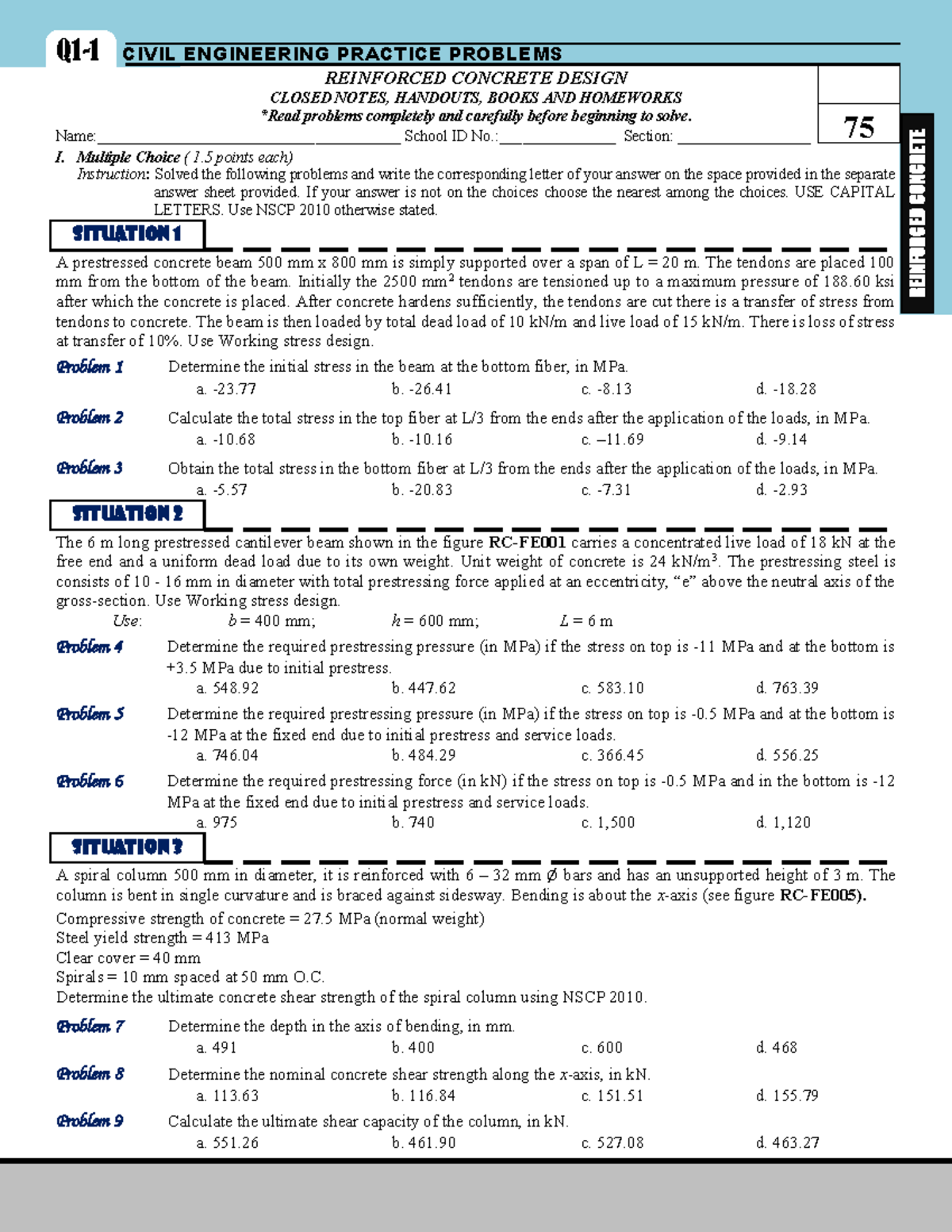 Prac Prob RCD - Detailed - Q1-1 CIVIL ENGINEERING PRACTICE PROBLEMS REINFORCED CONCRETE ...