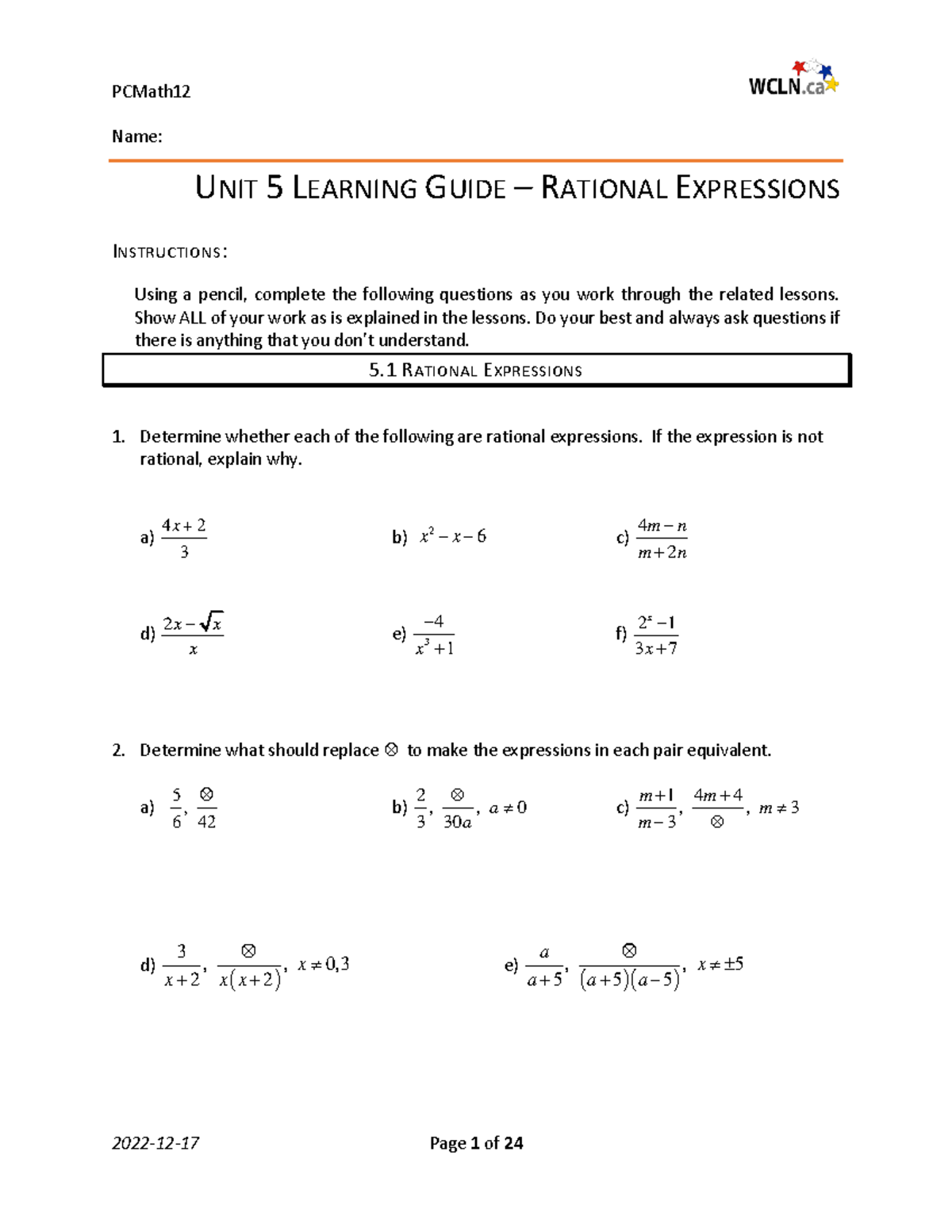 Math - Name: UNIT 5 LEARNING GUIDE – RATIONAL EXPRESSIONS INSTRUCTIONS ...