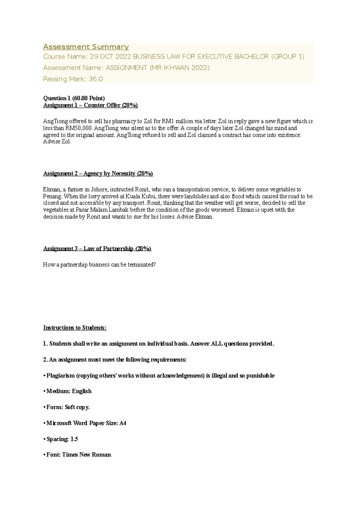 Assignment - business law (EBBM) - Assessment Summary Course Name: 29 ...