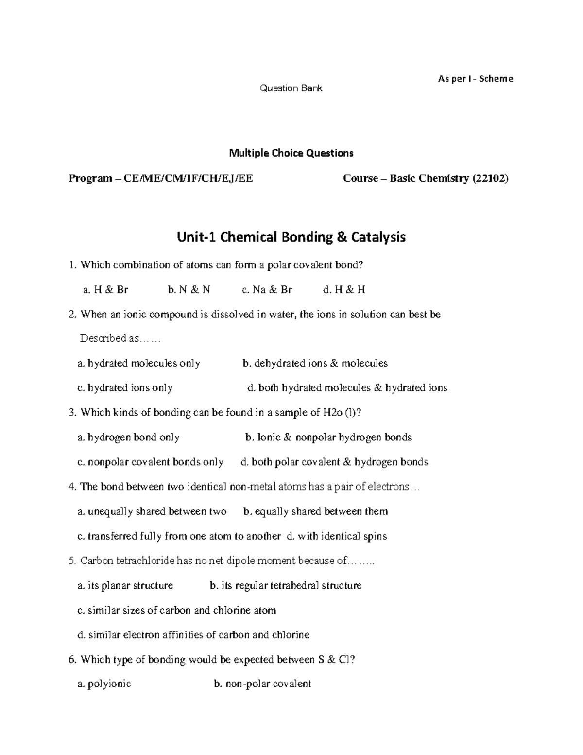 MCQ Question Bank on Chemical Bonding & Catalysis for 22102 Basic ...