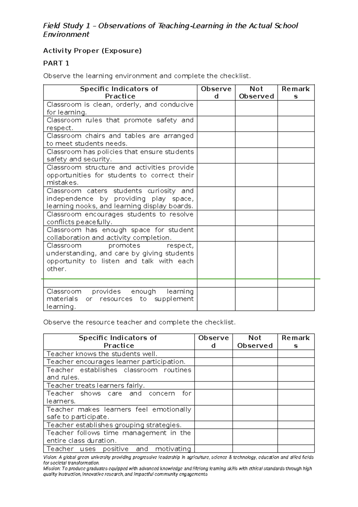 Field Study 1: Observations of Classroom Environment and Practices ...