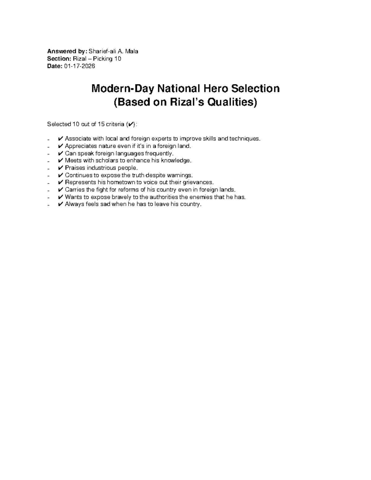 Modern Day National Hero Selection: A. Mala's Criteria Analysis - Studocu