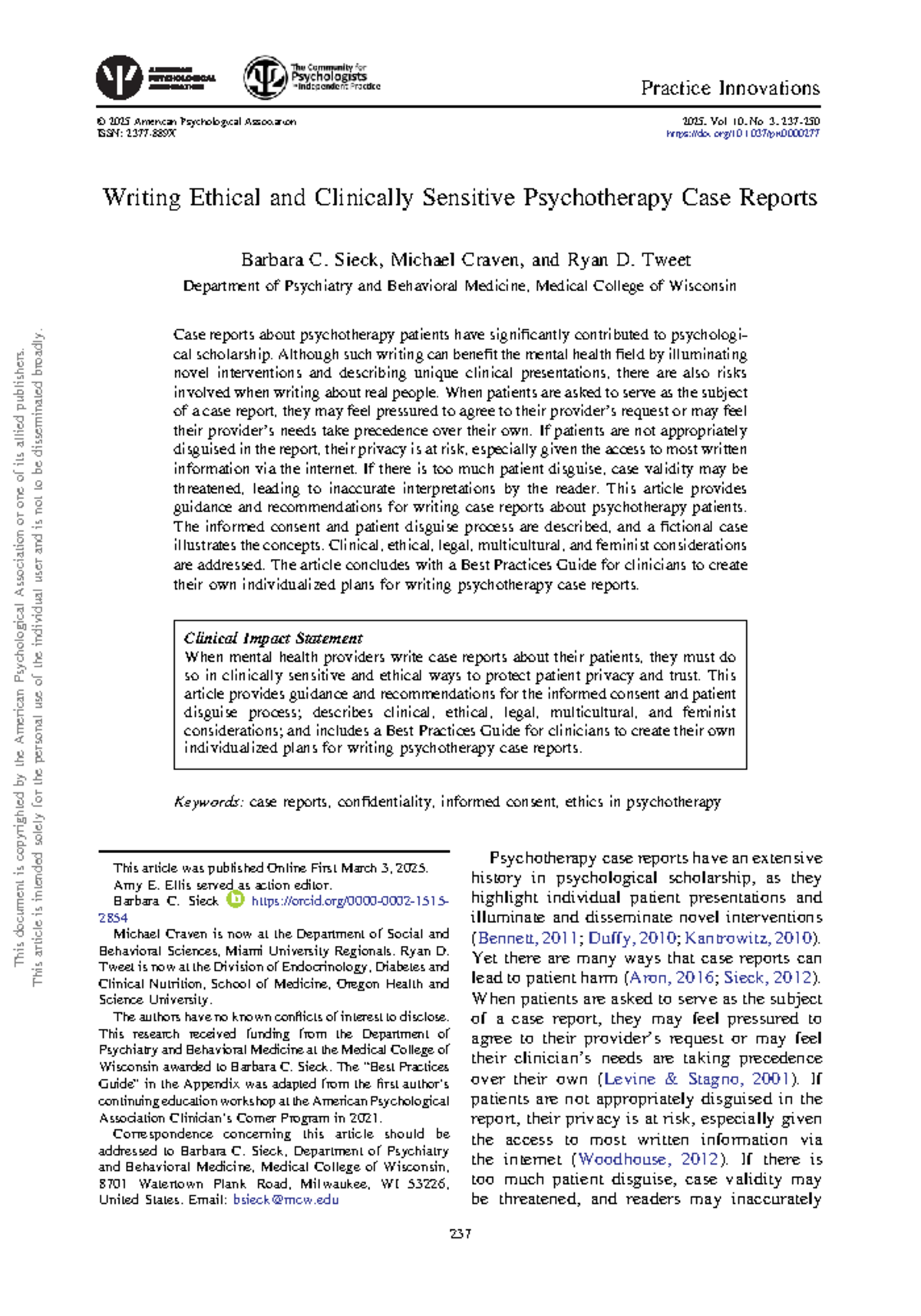 Writing Ethical and Clinically Sensitive Psychotherapy Case Reports ...