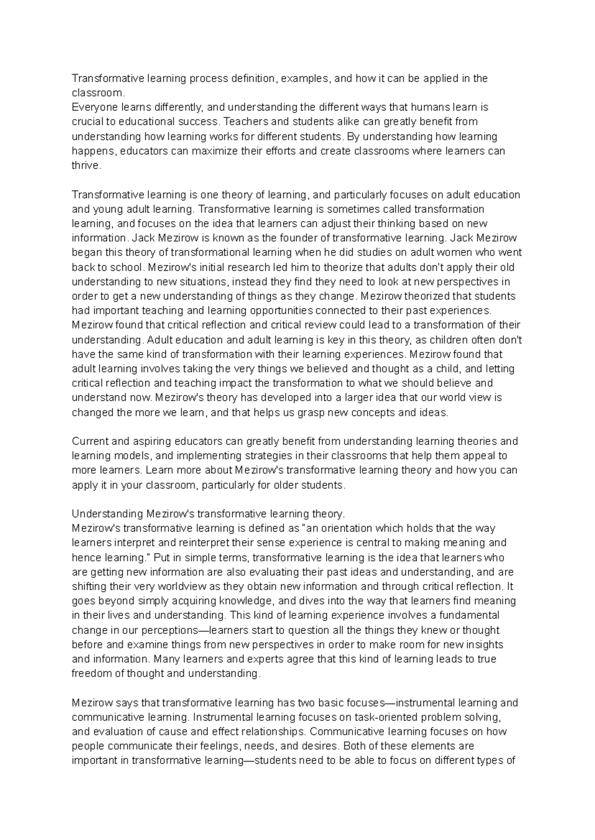 Transformative Learning Theory: Definition, Phases, and Classroom ...