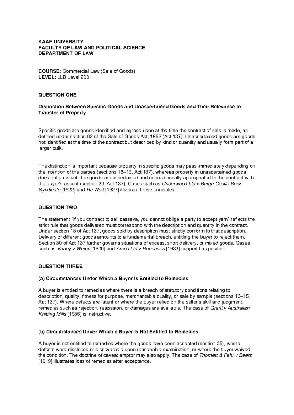 Commercial Law (Sale of Goods) Solutions - LLB Level 200 - Studocu