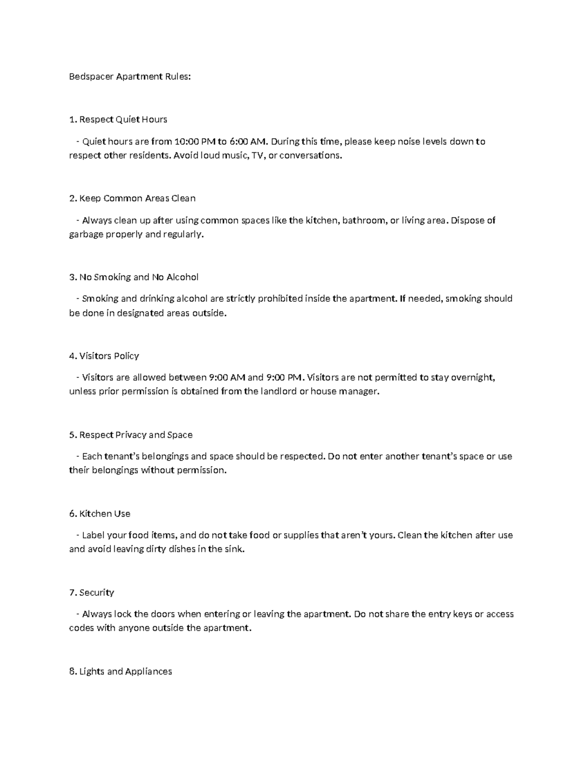 Bedspacer Apartment Rules and Guidelines for Residents - Studocu