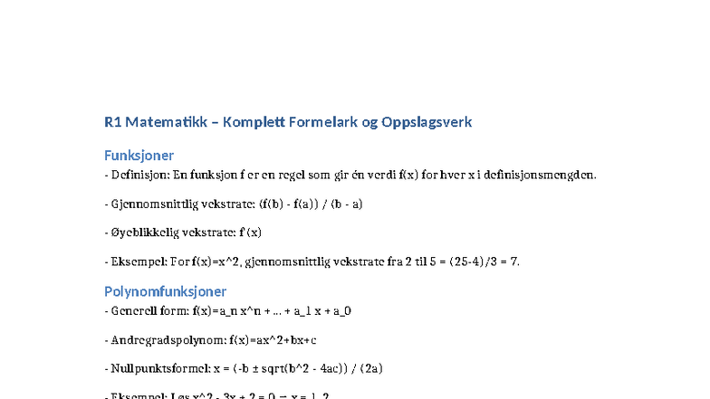 R1 Matematikk Komplett Formelark for Funksjoner og Vekstrater - Studocu