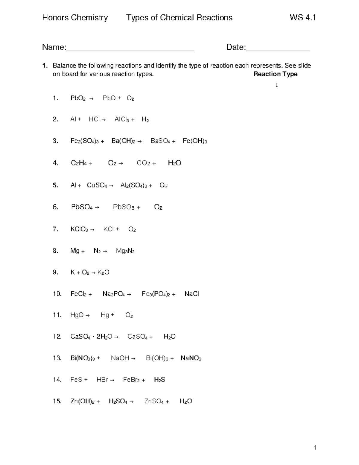 Honors Chemistry WS 4.1: Types of Chemical Reactions Practice - Studocu