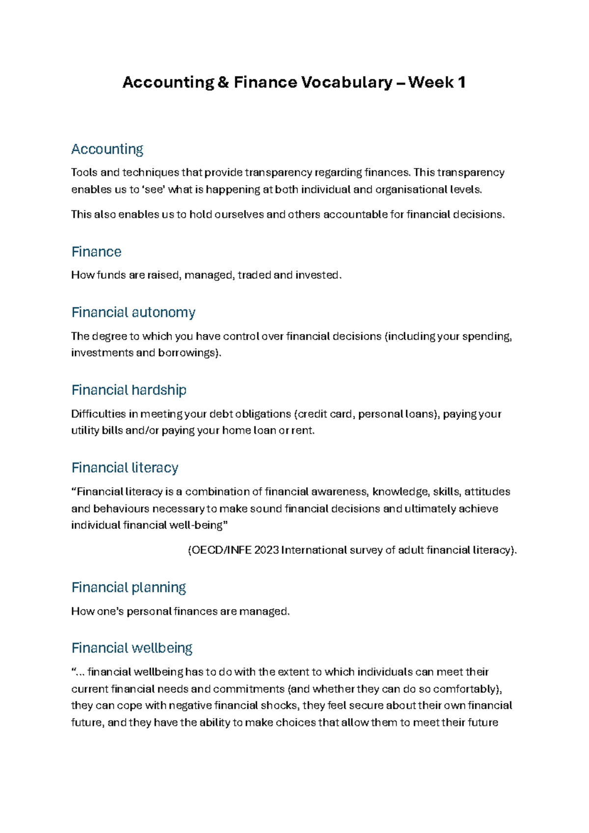 Accounting Finance Vocabulary Week 1: Essential Terms & Concepts - Studocu