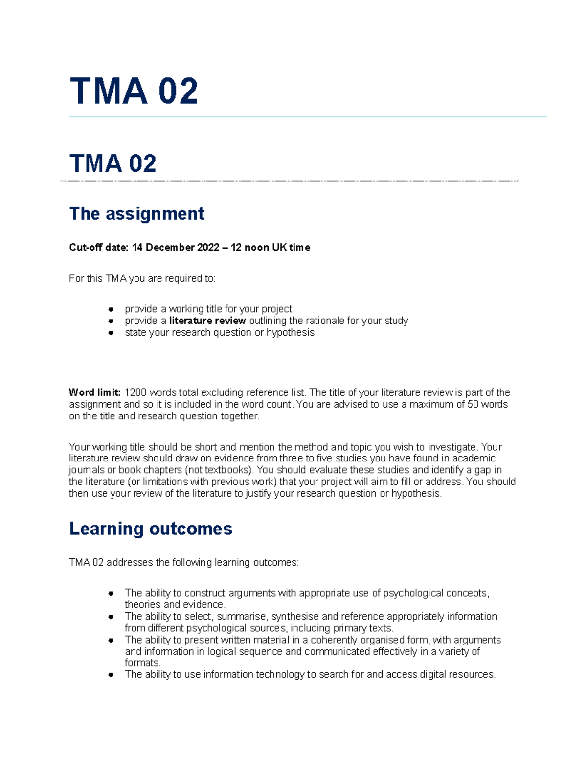 TMA02 DE300 Questions - Help with assignment - TMA 02 TMA 02 The assignment Cut-off date: 14 ...