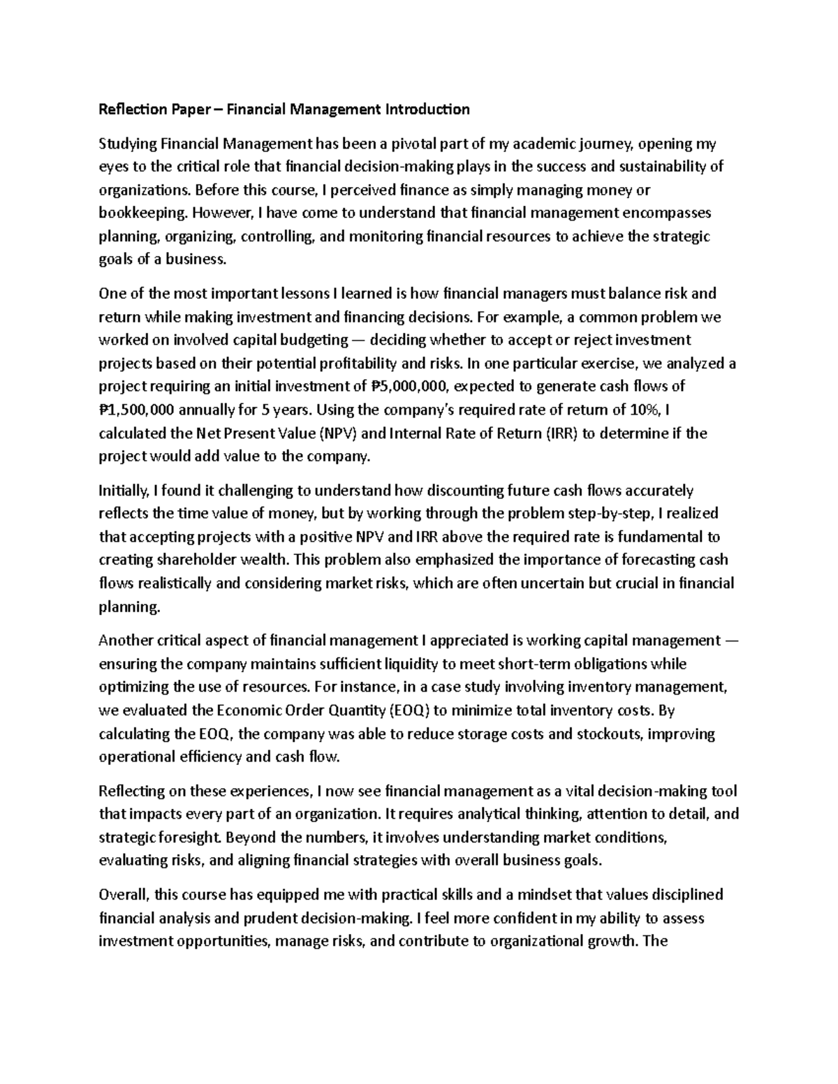 FM Reflection Paper: Insights from Financial Management Course - Studocu