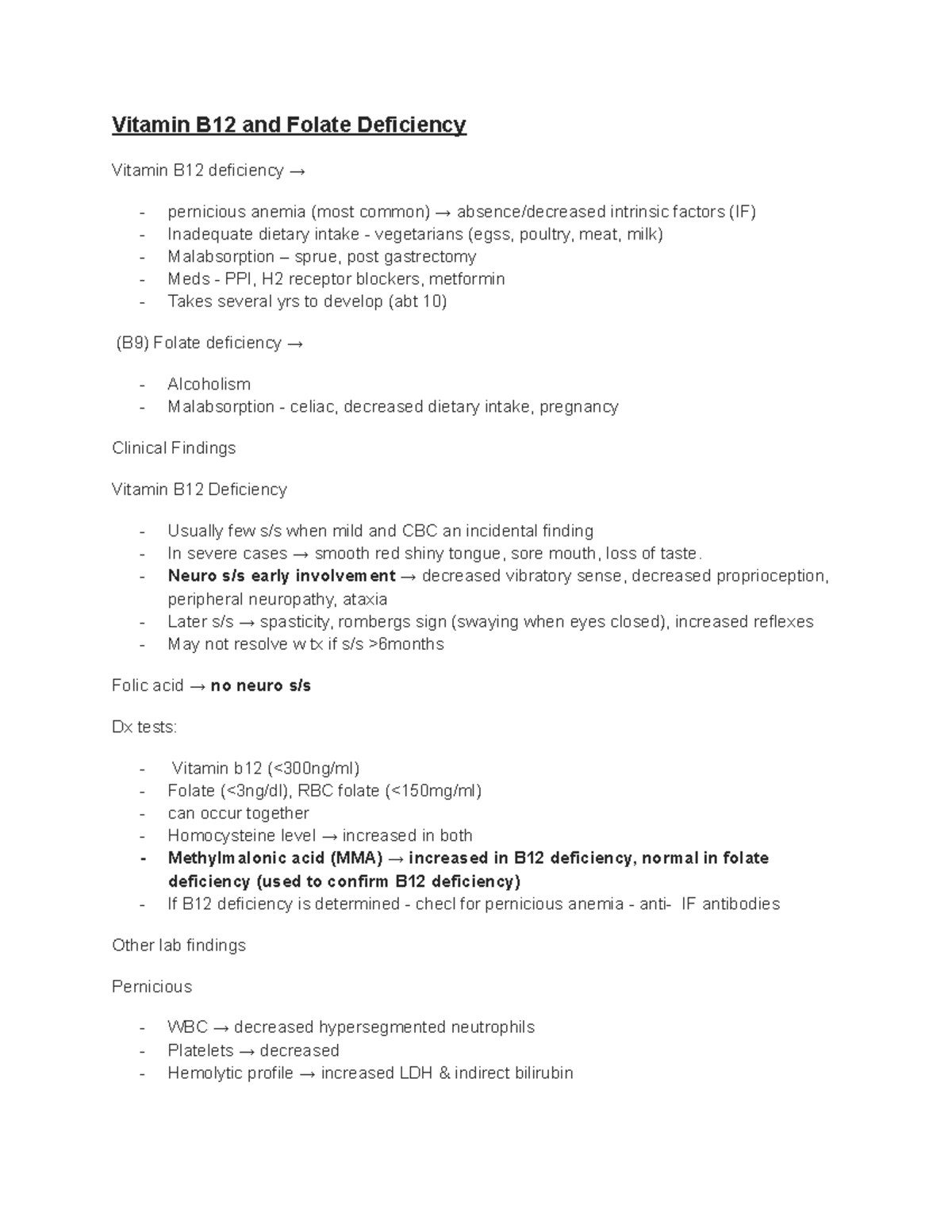 Vitamin B12 and Folate Deficiency: Clinical Insights and Findings - Studocu