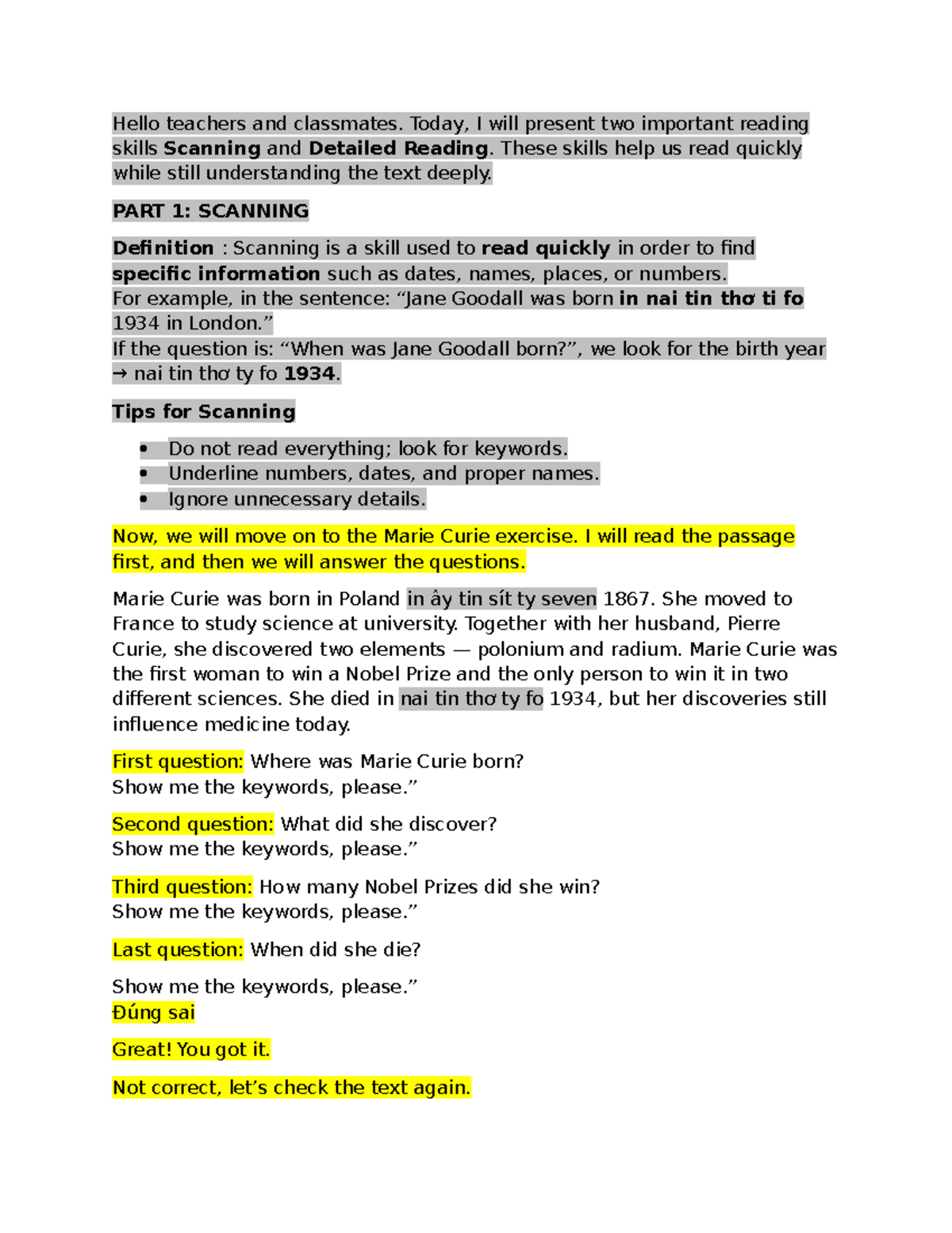 Reading Skills: Scanning & Detailed Reading Techniques - Studocu