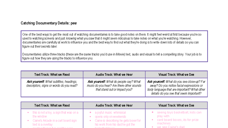 Catching Documentary Details: Analyzing Text, Audio & Visual Tracks - Studocu