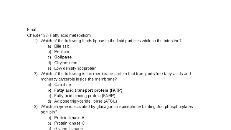 BIOL 304 Final Exam Qbank: Fatty Acid & Amino Acid Metabolism - Studocu