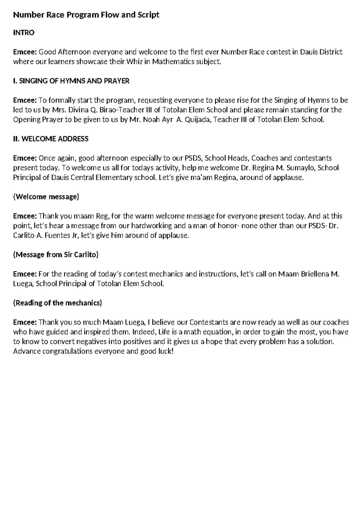 Number Race Contest Emcee Script for Dauis District Event - Studocu