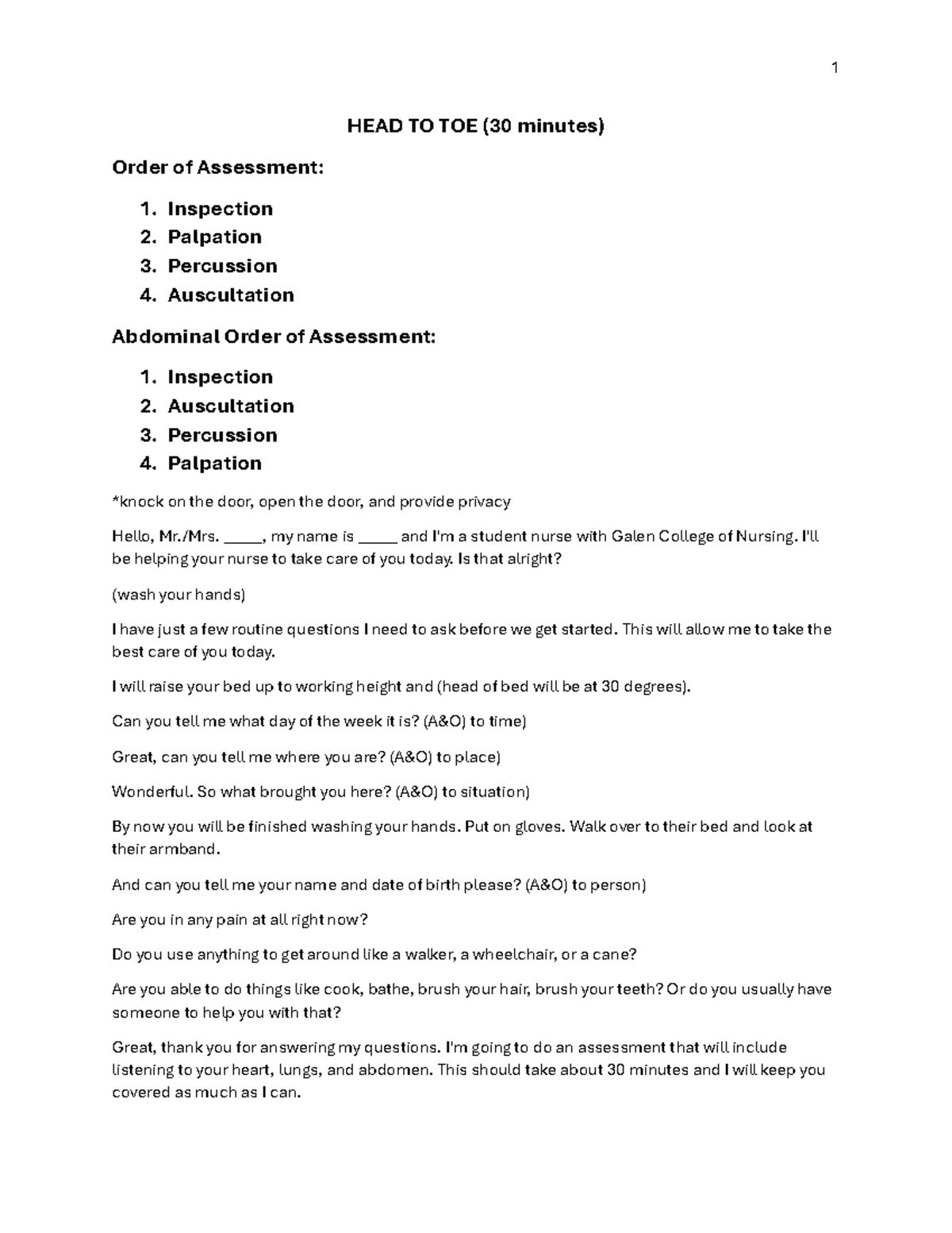 3160 CPE Final Exam: Comprehensive Physical Assessment Script - Studocu