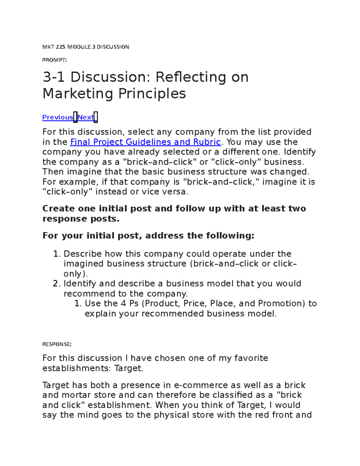 MKT 225 Module 3 Discussion - MKT 225 MODULE 3 DISCUSSION PROMPT: 3-1 ...