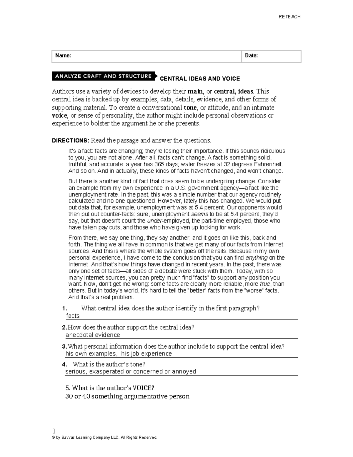 Copia de worksheet - tone voice - RETEACH Name: Date: CENTRAL IDEAS AND ...