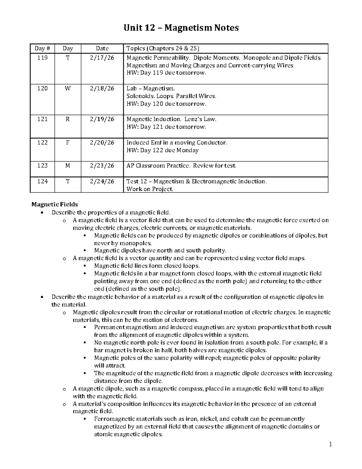 AP2 Unit 12 Magnetism & Electromagnetic Induction Notes - Studocu