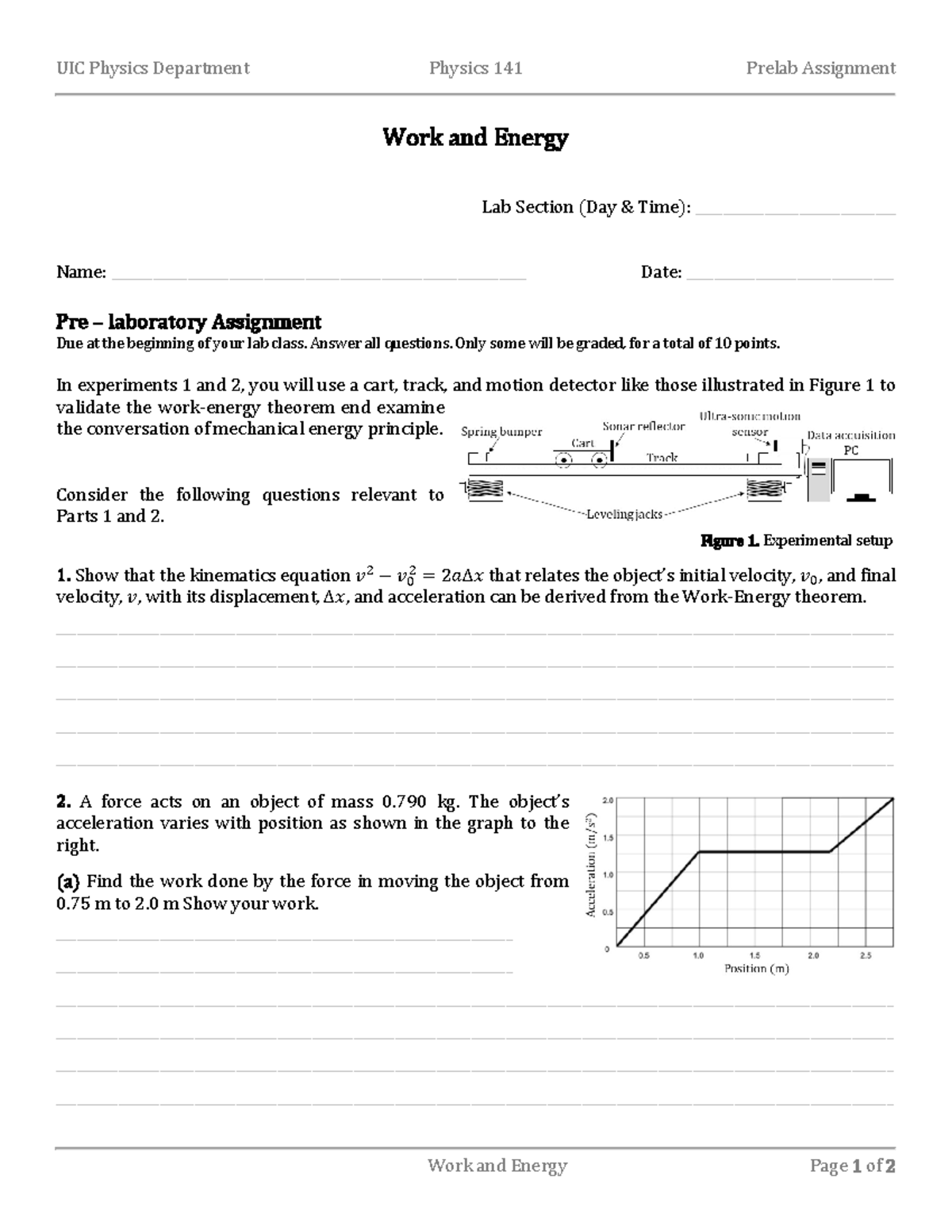 Physics 141 Lab 6 on Work and Energy :Prelab Questions - UIC Physics Department Physics 141 ...