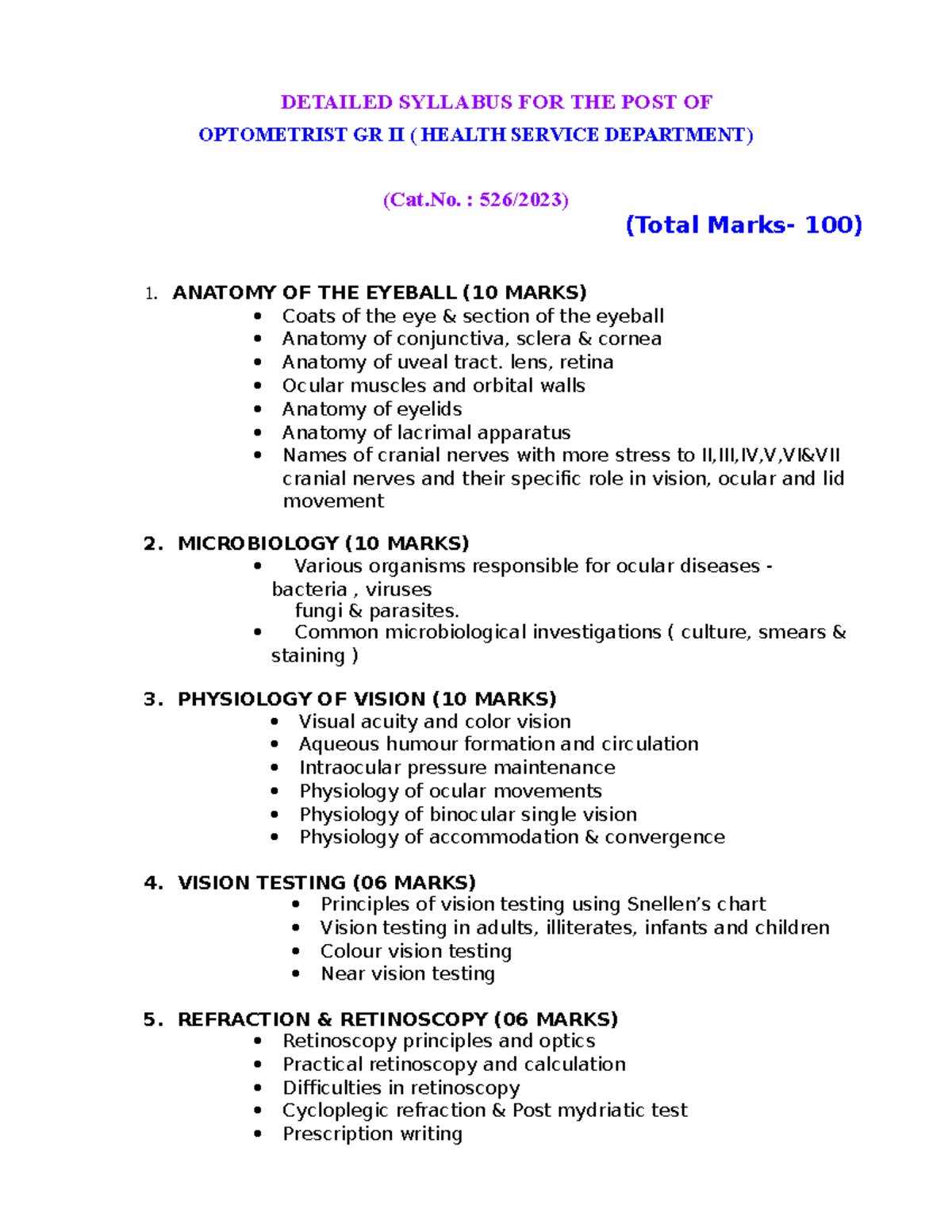 4-optometrist Syllabus - DETAILED SYLLABUS FOR THE POST OF OPTOMETRIST ...