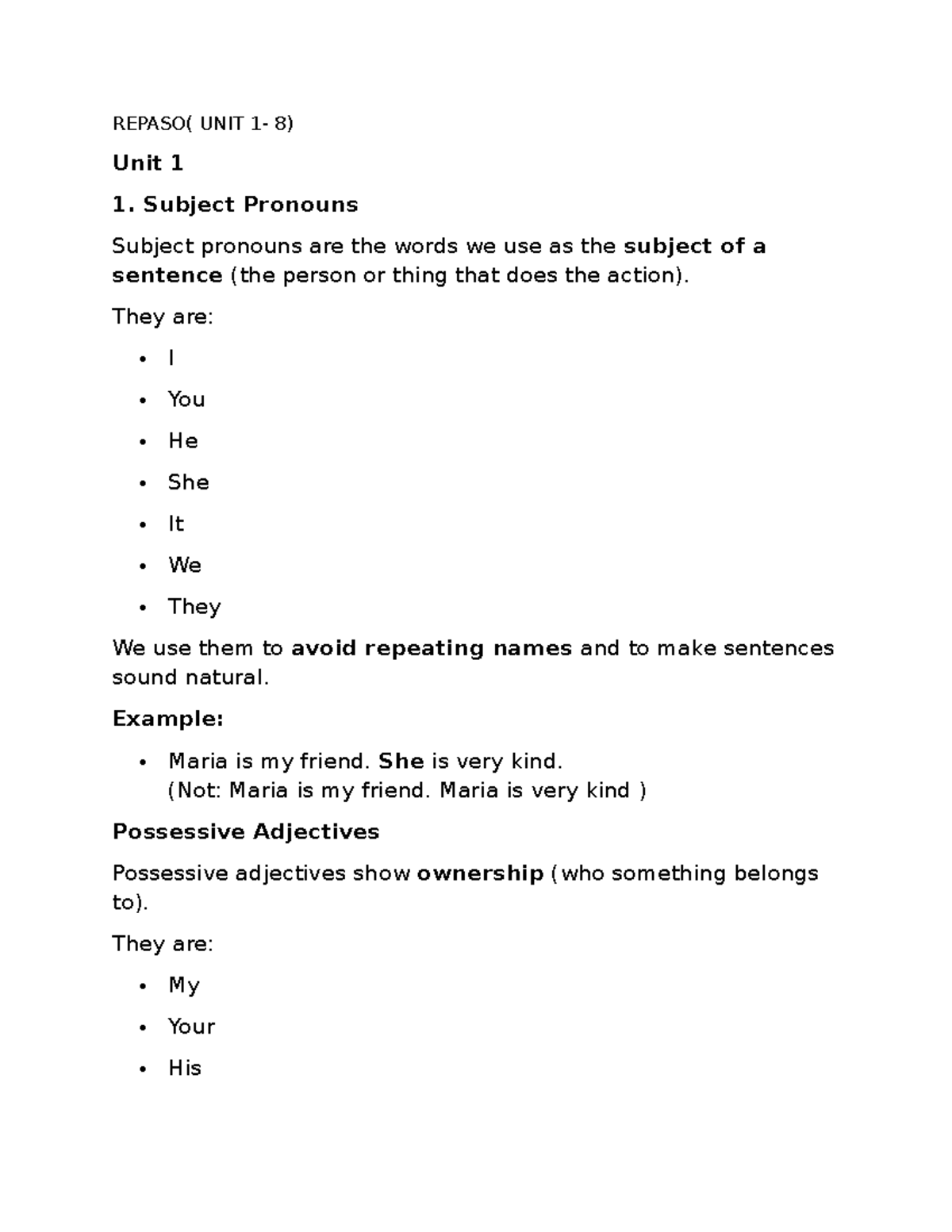 Repaso Unit 8: Subject Pronouns, Adjectives, and More - Studocu