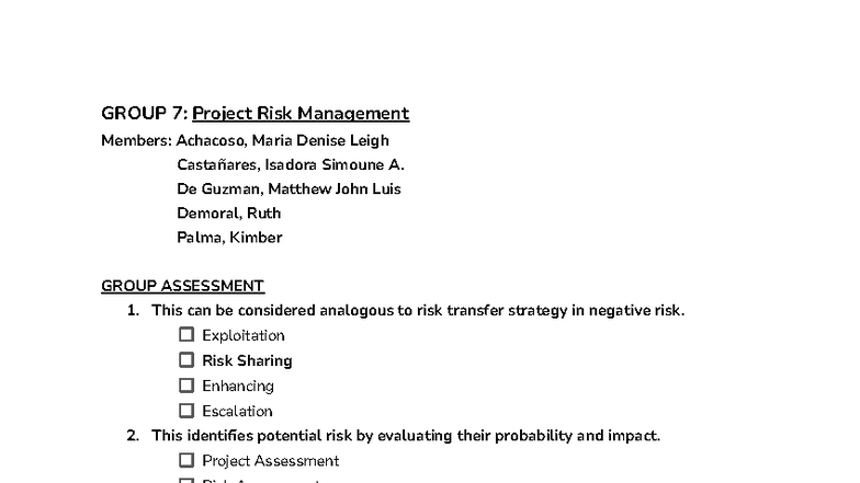 GROUP 7: Project Risk Assessment and Management Strategies - Studocu