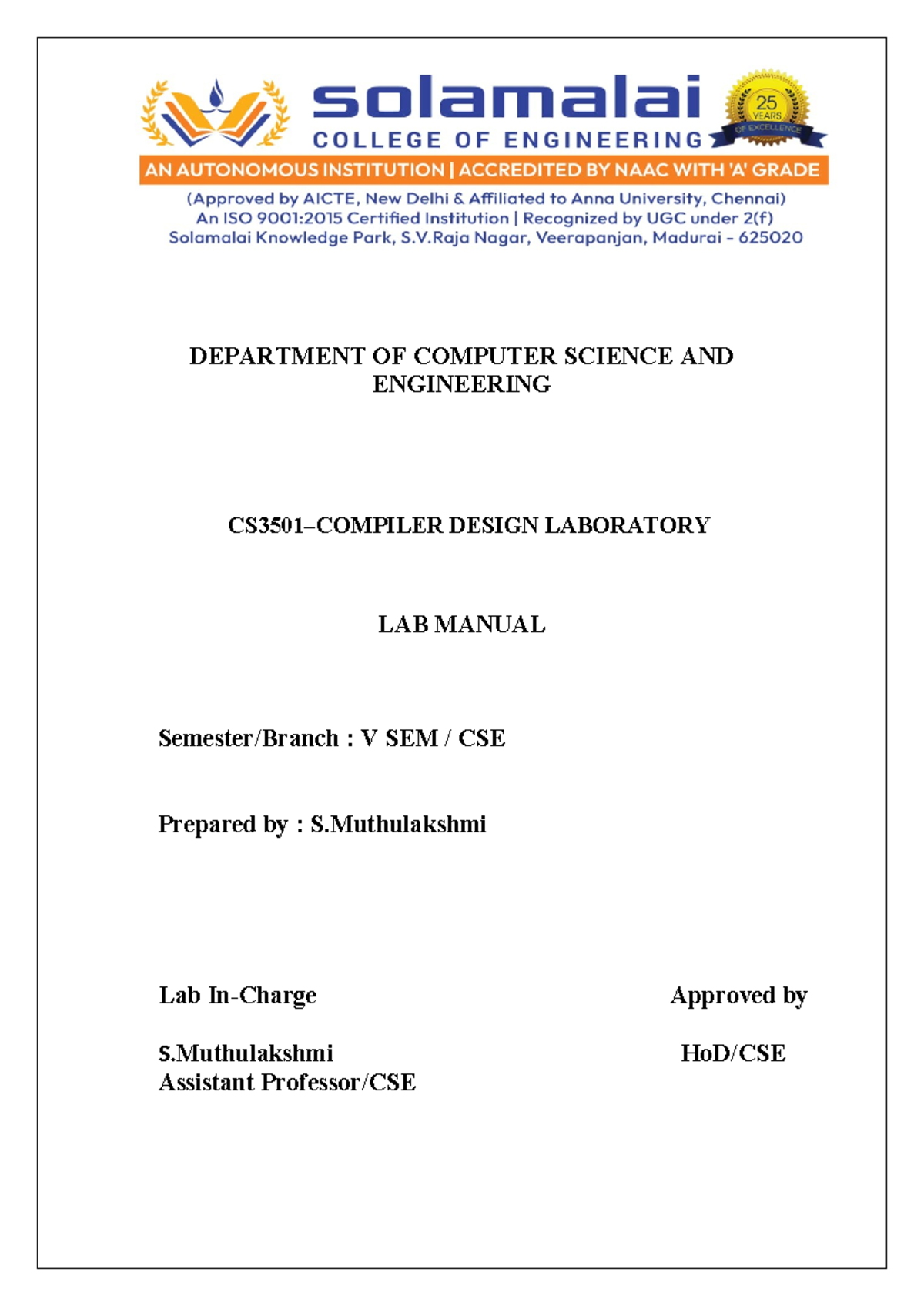 CD Lab Manual: Compiler Design (CS3501) - V Sem CSE Experiments - Studocu