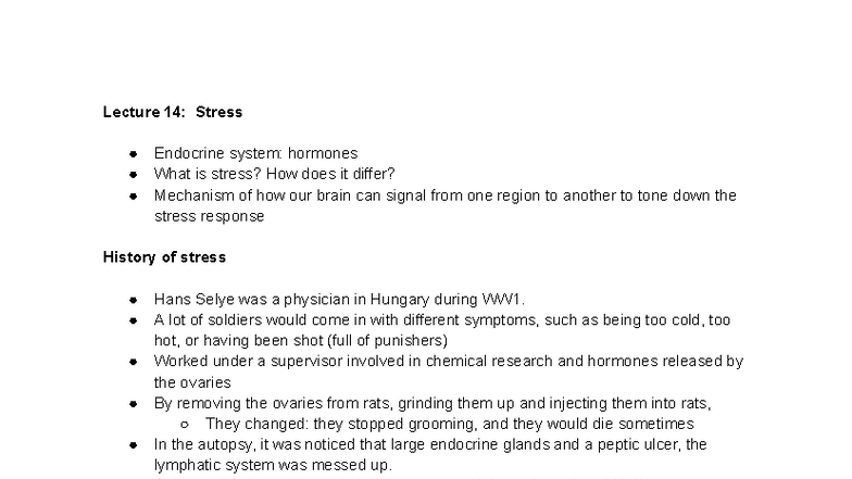 PS 263 Lecture 14: Understanding Stress and the Endocrine System - Studocu