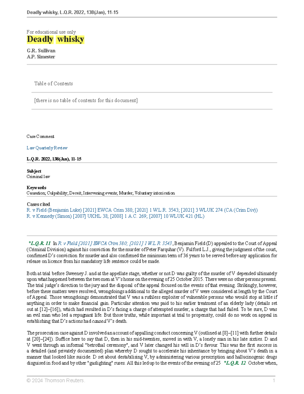 "Case Comment: Bob Sullivan & Andrew Simester's Analysis on ‘Deadly ...