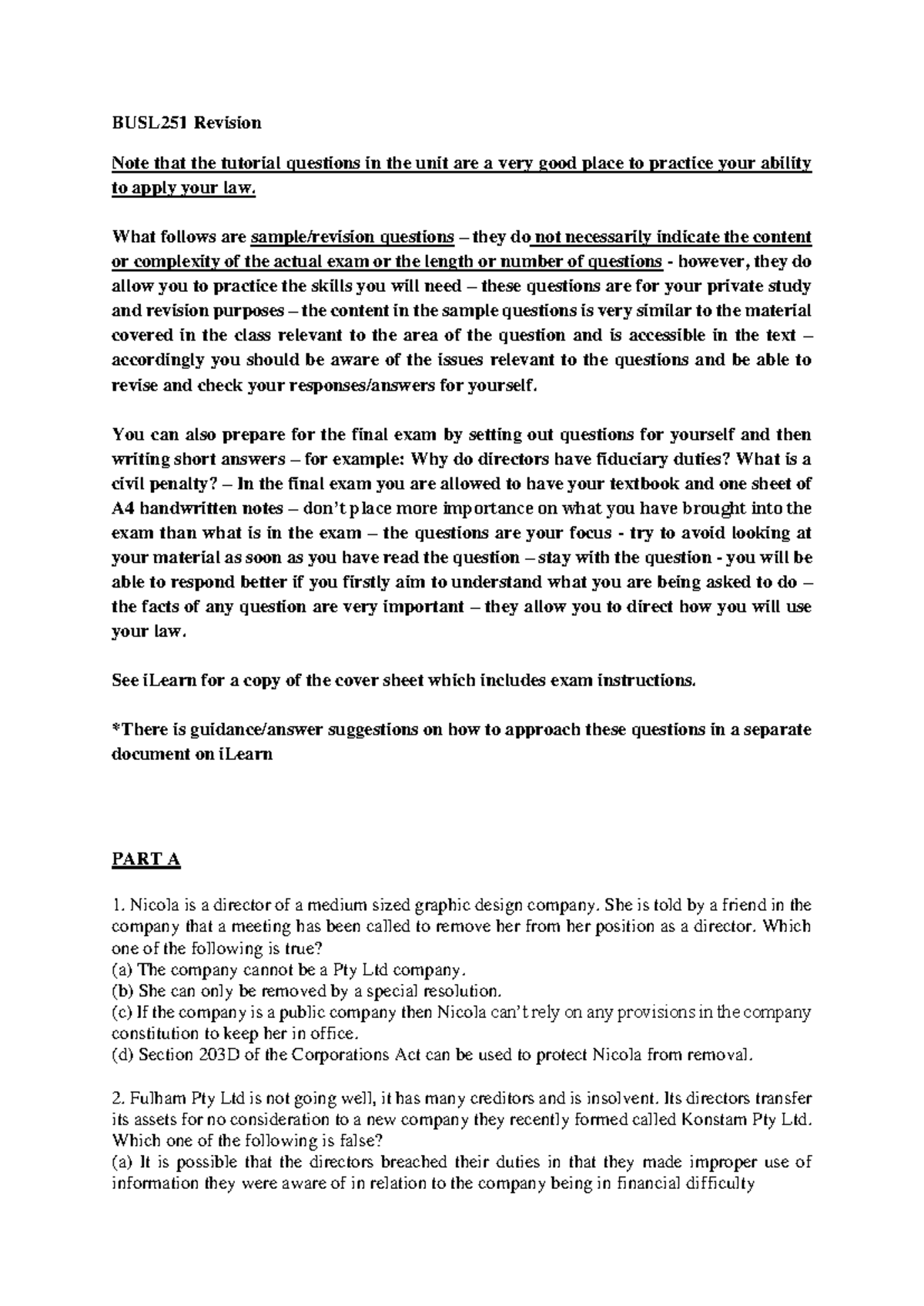 BUSL251 Session 2 2019 Sample Revision Questions - BUSL251 Revision ...