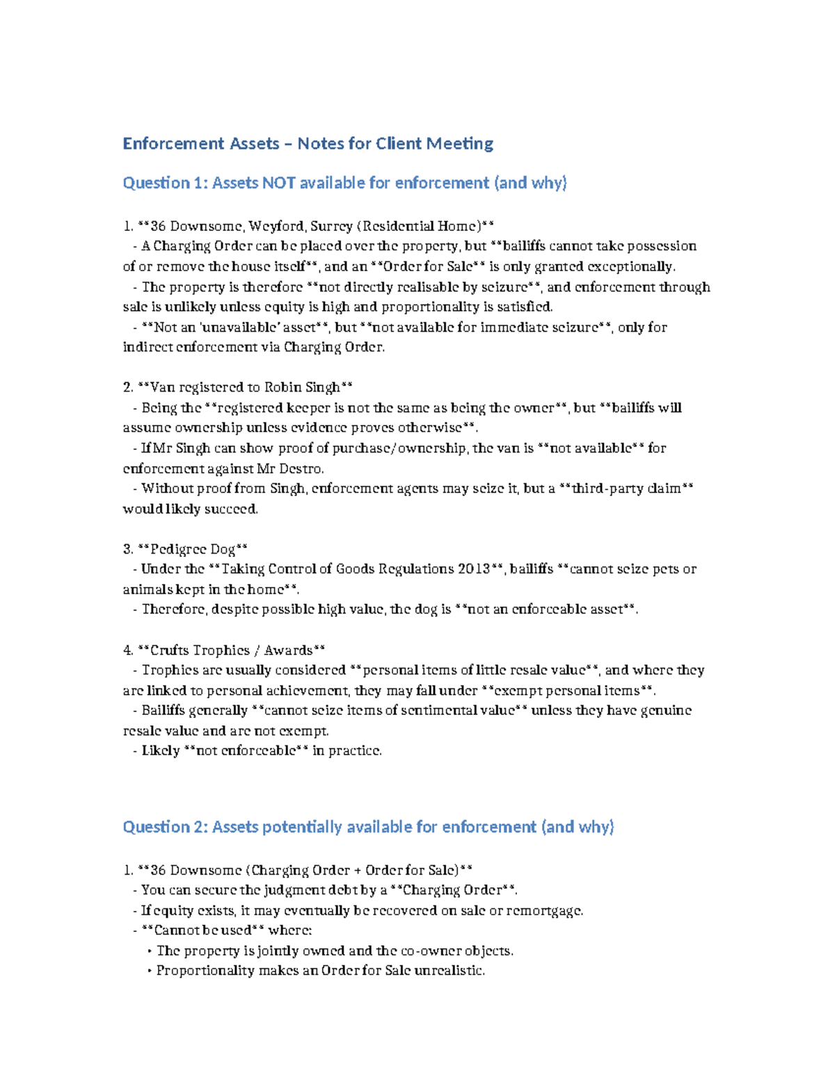 Enforcement Notes for Qureshi v Destro: Client Meeting Insights - Studocu