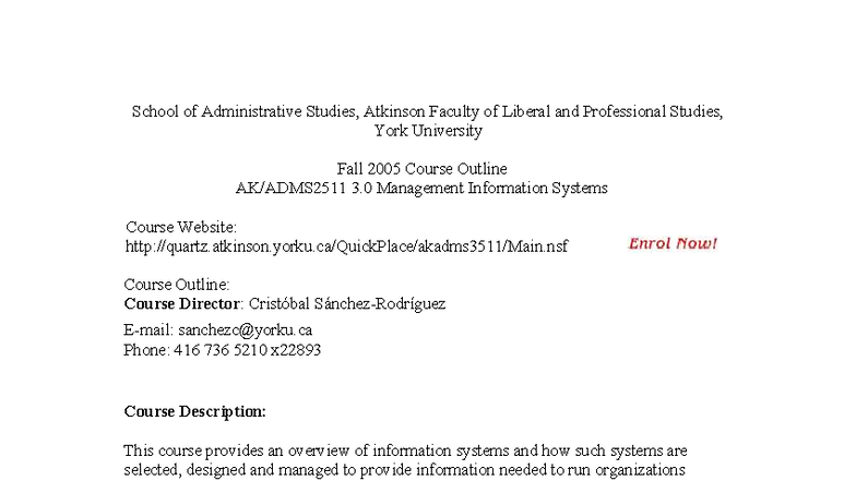 MGT 2511B Fall 2005 Course Outline: Management Information Systems ...